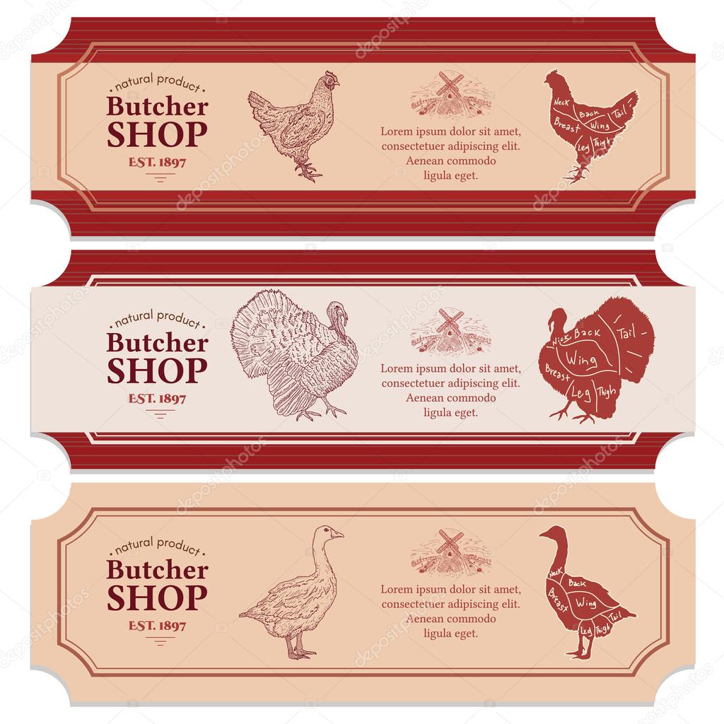 Butcher shop labels meat chicken goose turkey vector banners Stock ...