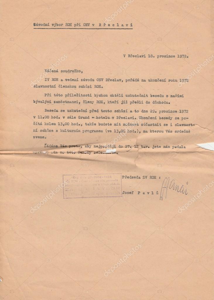 Old grunge letter by a vintage typewriter. Text in Czech. Communistic ...