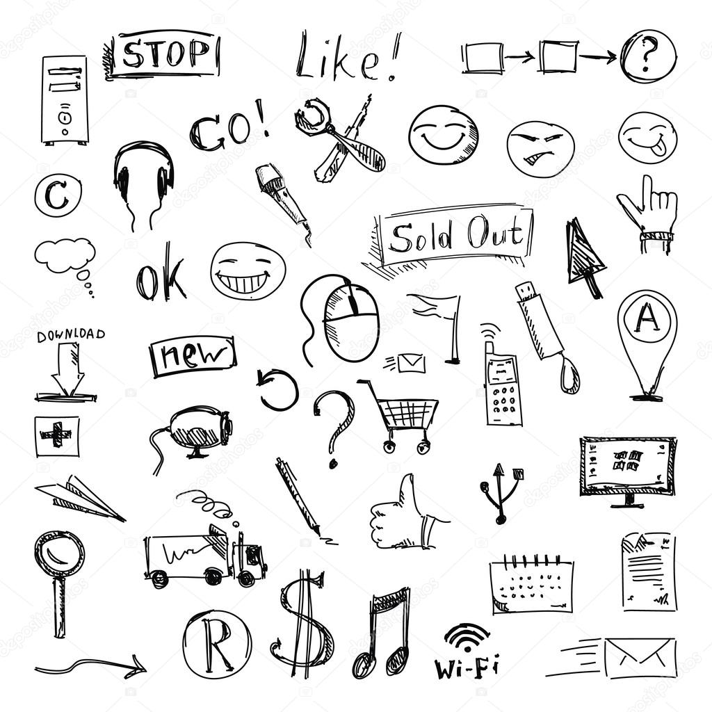 Vector Set Of Hand Drawn Icons And Design Elements Sketch Style
