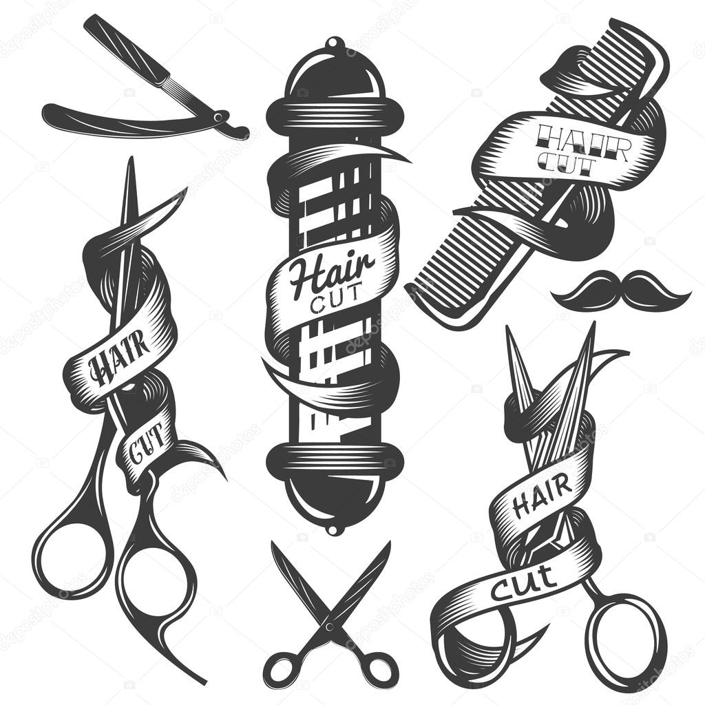 Conjunto vectorial de etiquetas de vectores de peluquería en estilo ... Conjunto vectorial de etiquetas de vectores de peluquería en estilo ...