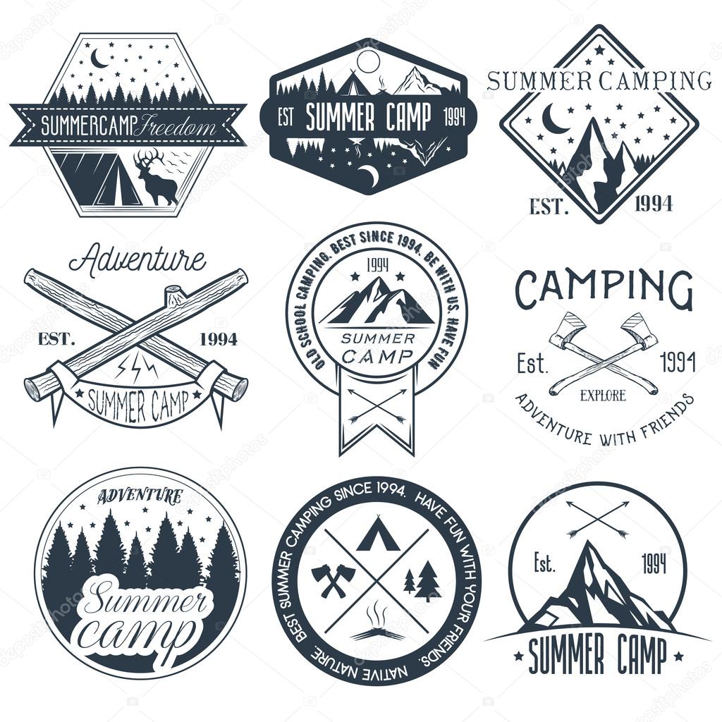 Vector Set Of Camping Labels In Vintage Style Summer Camp Outdoor