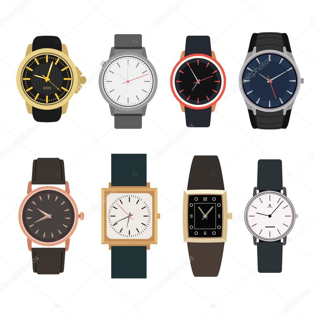 Set of watches in classic design. Vector illustration. Man gold ...