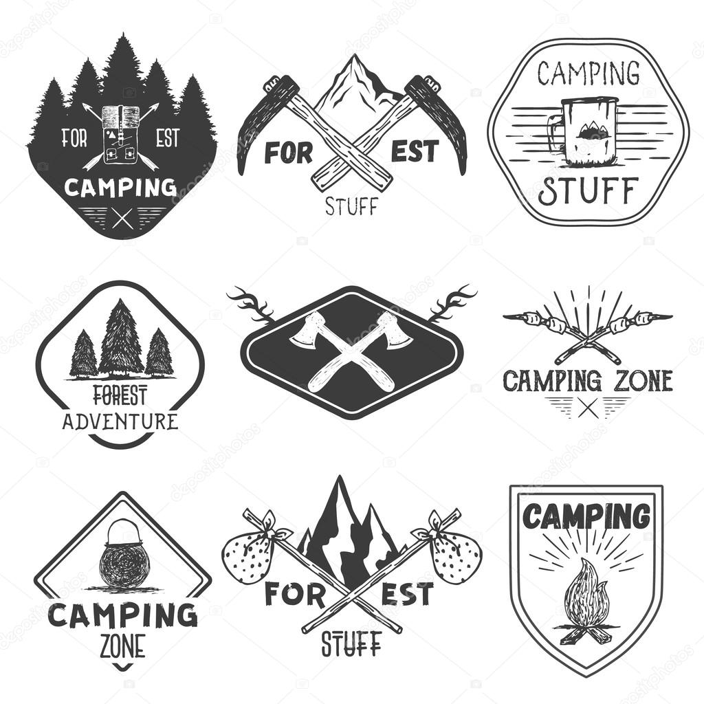 Vector set of camping labels in vintage style. Design elements, icons ...