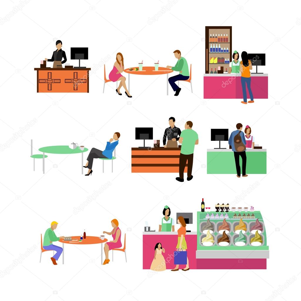Vector set of restaurant employees and visitors. People in cafe icons ...