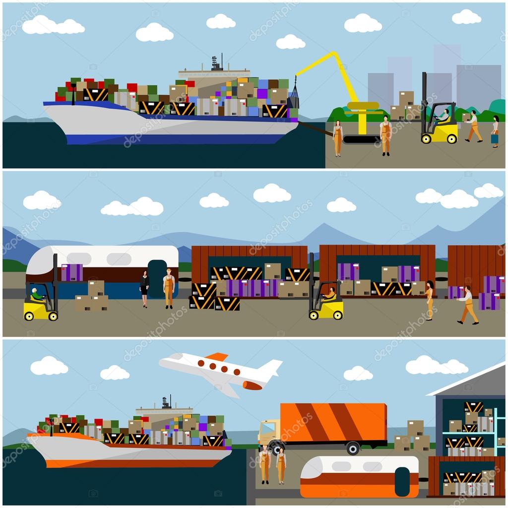 Logistic transportation concept flat banners. Vector set of rail and ...