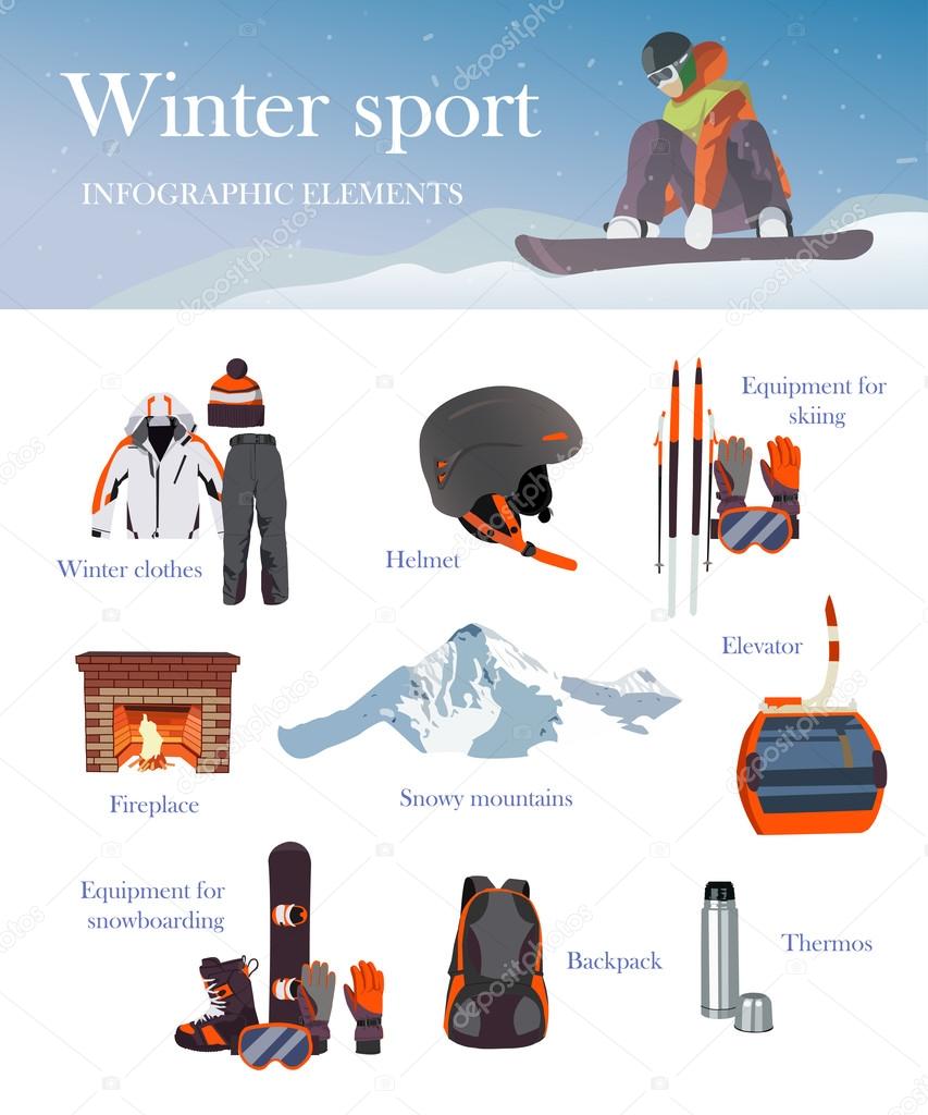 Conjunto vectorial de iconos de equipos de esquí y snowboard, banner ...