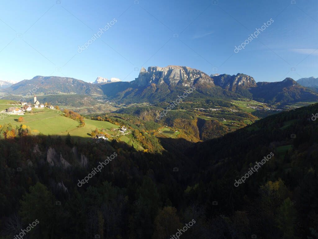 Aerial Landscape of Schlern from seen Renon above the Erdpyramieden ...