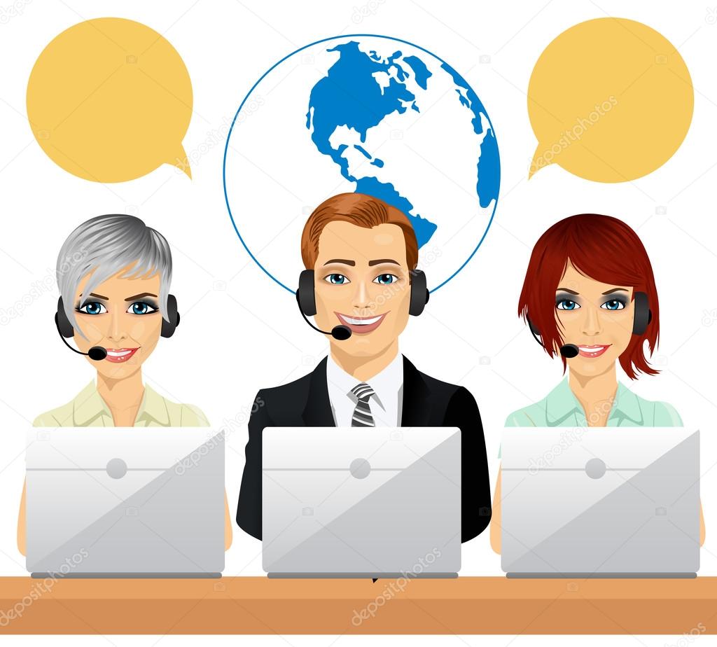 Happy call centre agents talking on headsets using laptops — Stock ... Happy call centre agents talking on headsets using laptops — Stock ...
