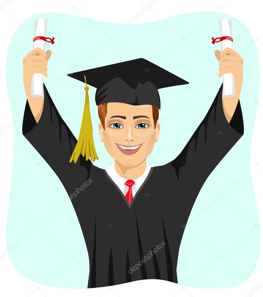 joven estudiante hombre sosteniendo dos diplomas con ambas manos en el ...