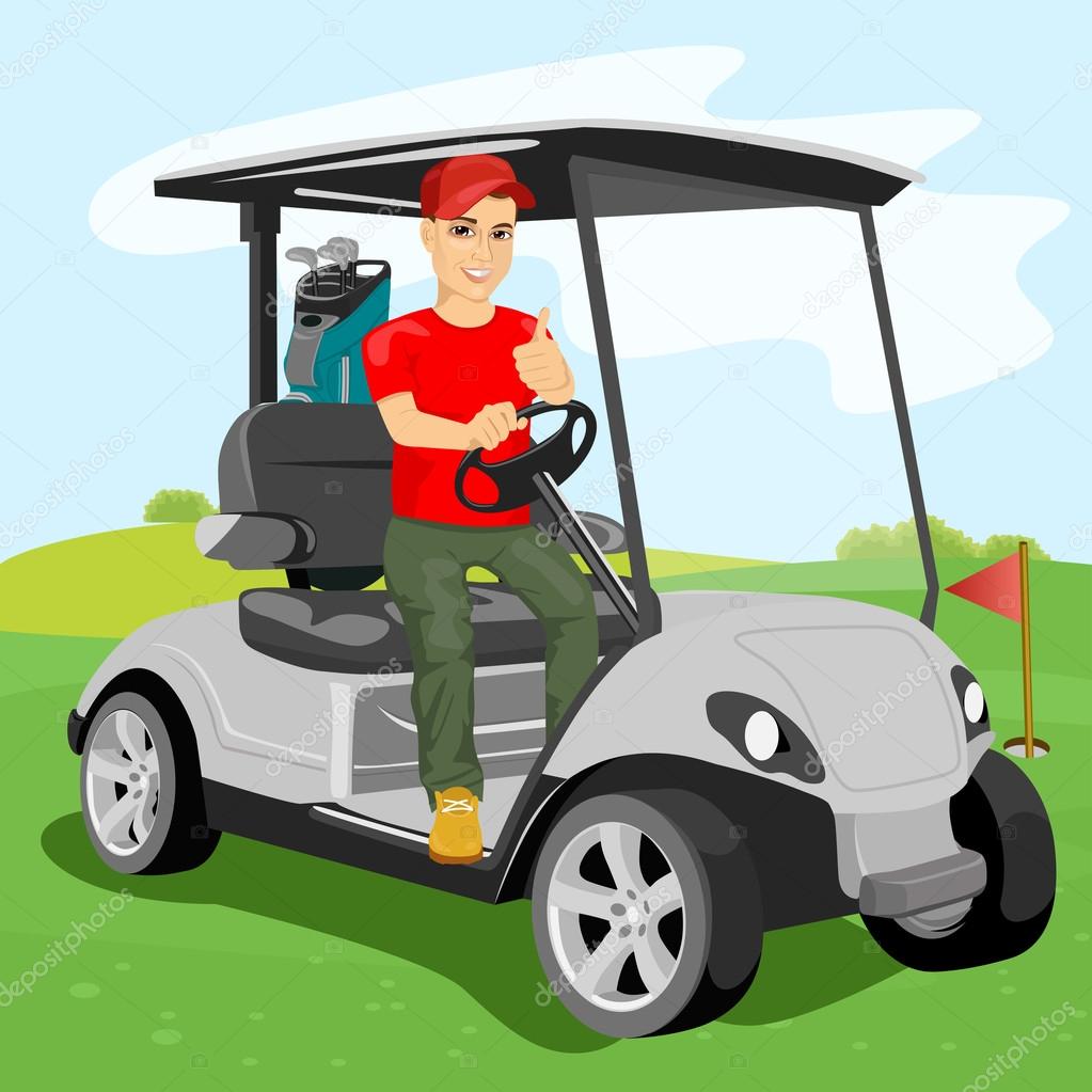 Young golfer driving a golf-cart with clubs on the back on golf course ...