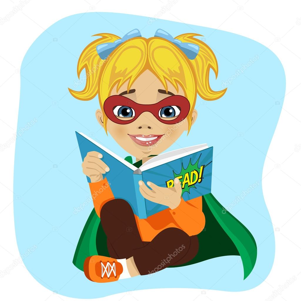 Little girl dressed as a superhero reading a comic book Stock Vector ...