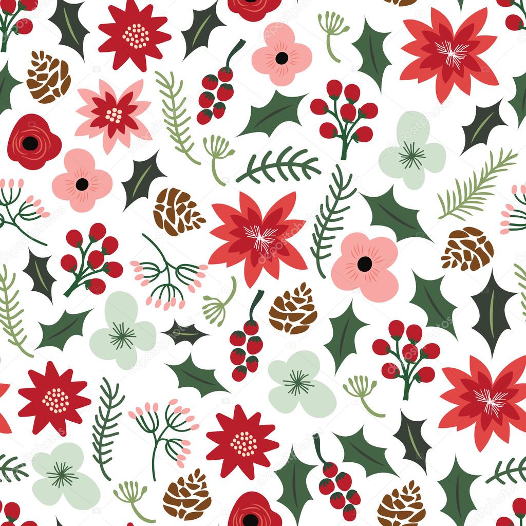 Vintage Hand Drawn Christmas Botanical Foliage Flowers Pattern B Stock ...
