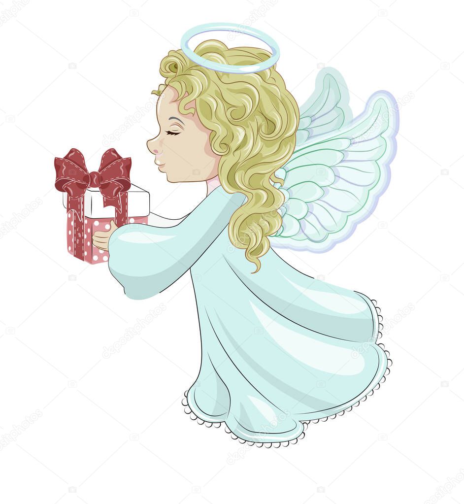 chica, ángel de Navidad, con anillo de campana de regalo, imagen en la ...