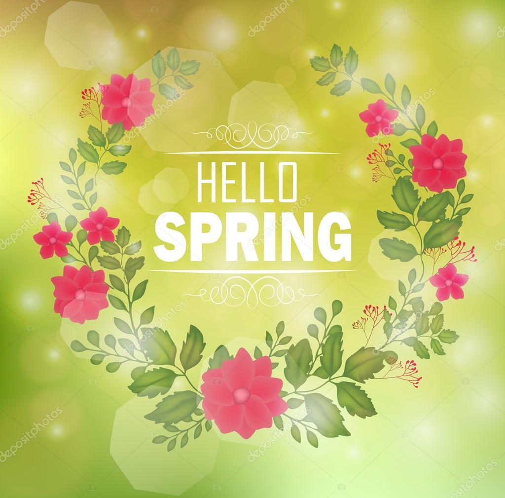 Floral frame with text hello spring and bokeh background Stock Vector ...