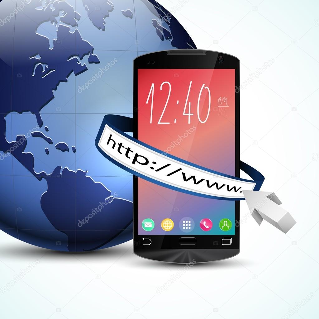 Black touch screen smartphone with web browser and blue Earth globe ...