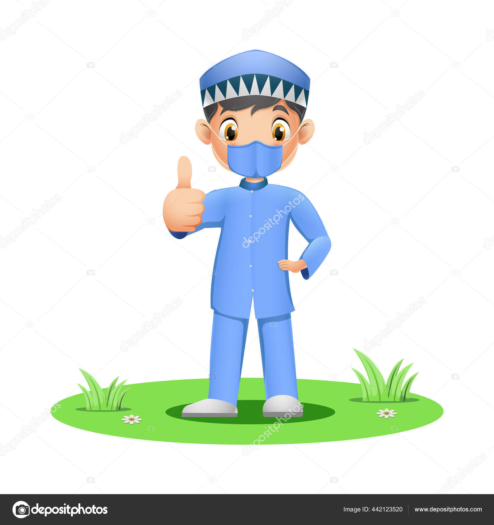 Vector Illustration Cute Muslim Boy Face Mask Showing Thumb Stock ...