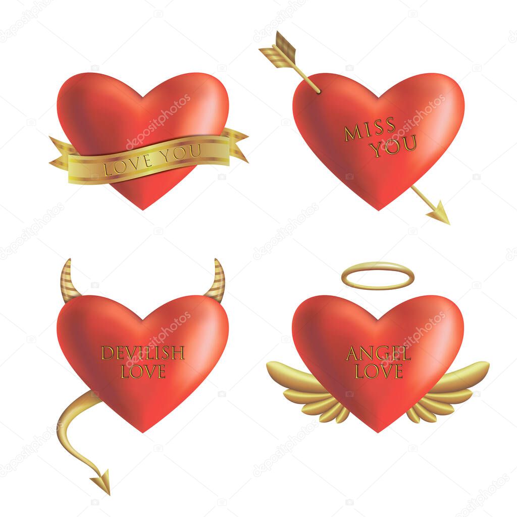 Conjunto vectorial de iconos 3D de corazones con diferentes emociones 2022