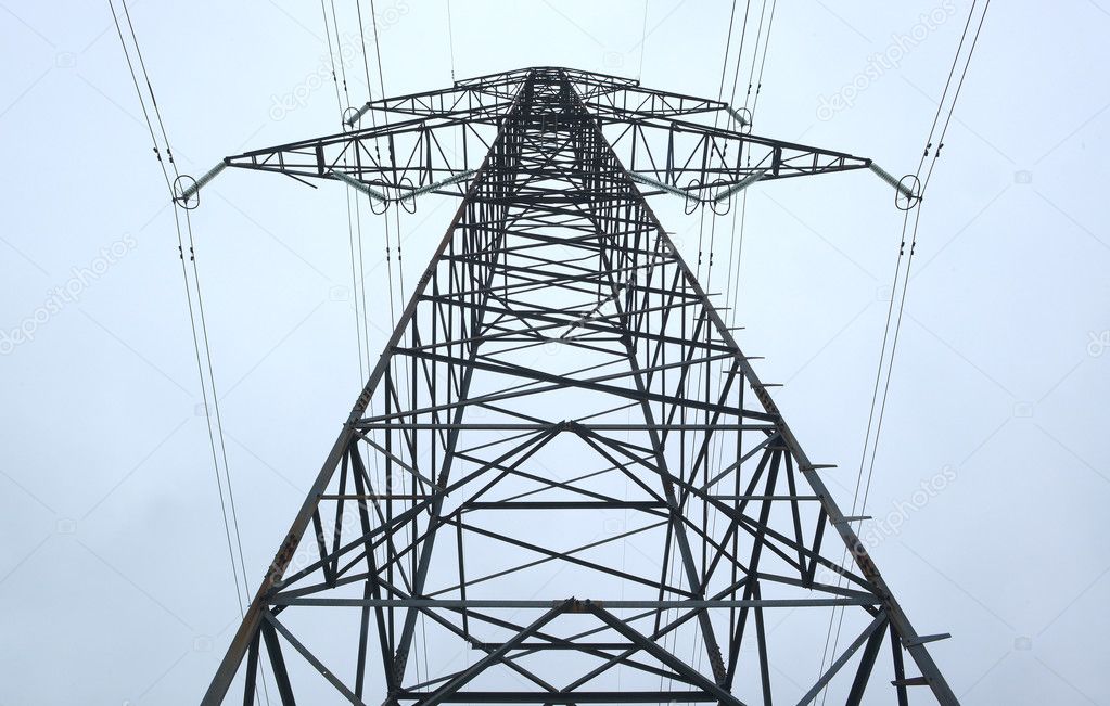 High voltage towers with sky background. blue toned images. — Stock ...