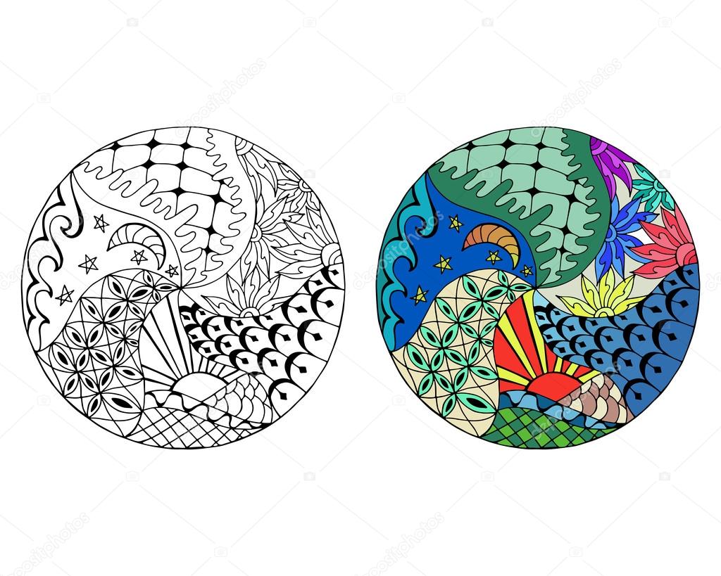 Mandalas dibujadas a mano día y noche círculo . Vector de stock ...