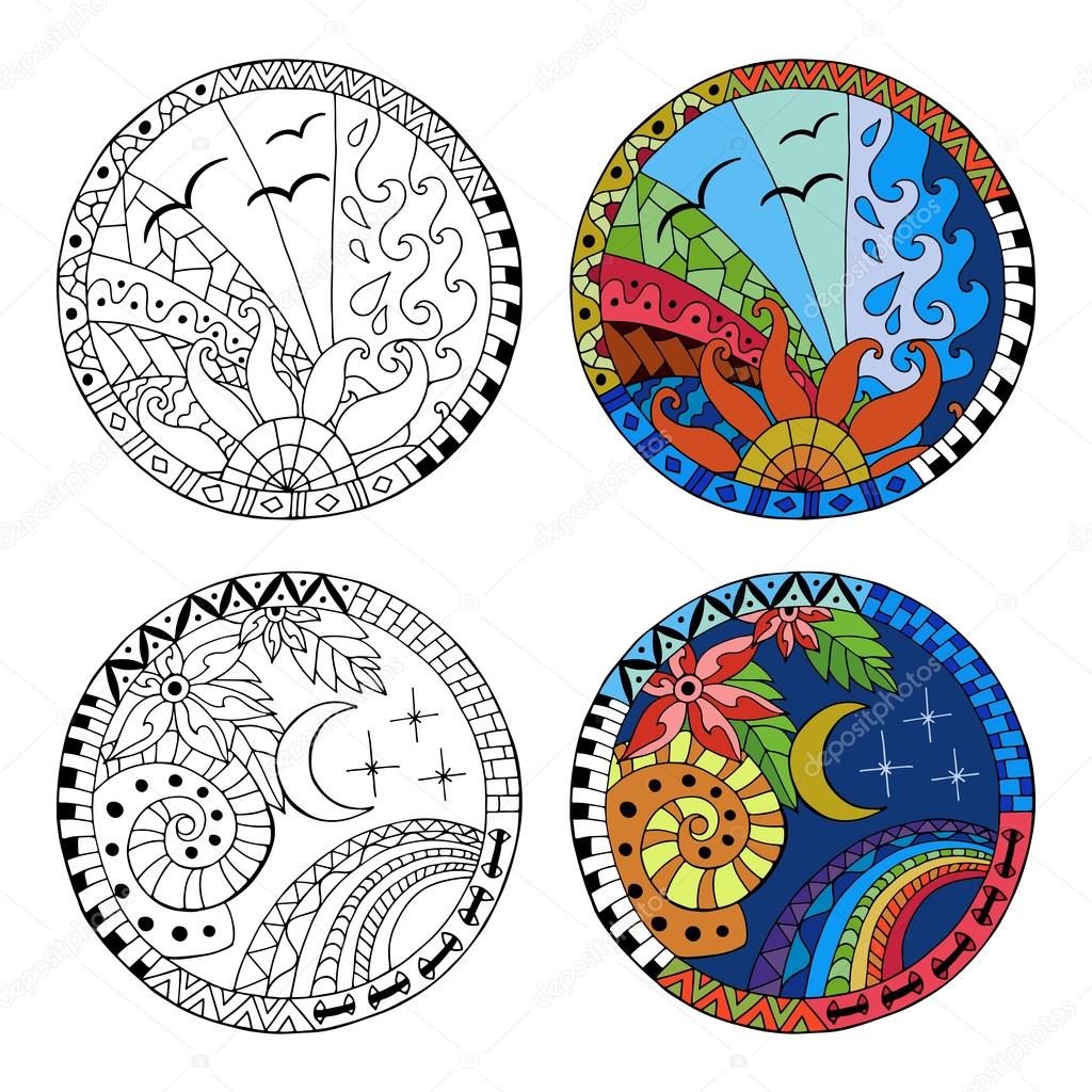 Mandalas dibujadas a mano día y noche círculo. 2023