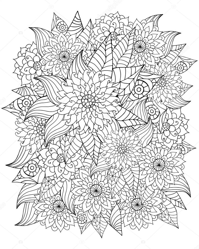 Hand drawn zentangle flowers and leaves for adult anti stress. Stock ...