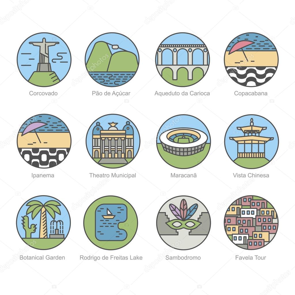 The most popular tourist spots of Rio de Janeiro colored line ic ...