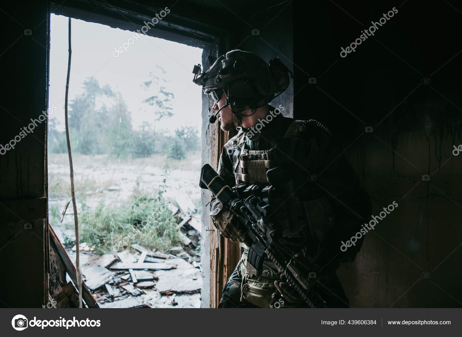 Military men with arms defending the building. Soldier stand guard ...