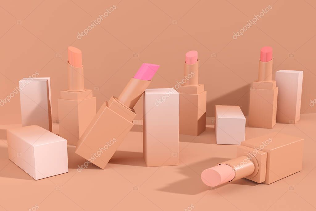 muchos lápiz labial beige textura de color aleatorio en fondo beige ...