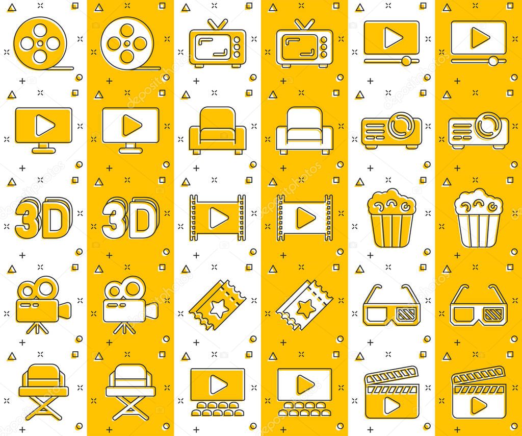 Iconos de la l nea de cine en estilo c mico. Entretenimiento conjunto ilustraci n vectorial de ...