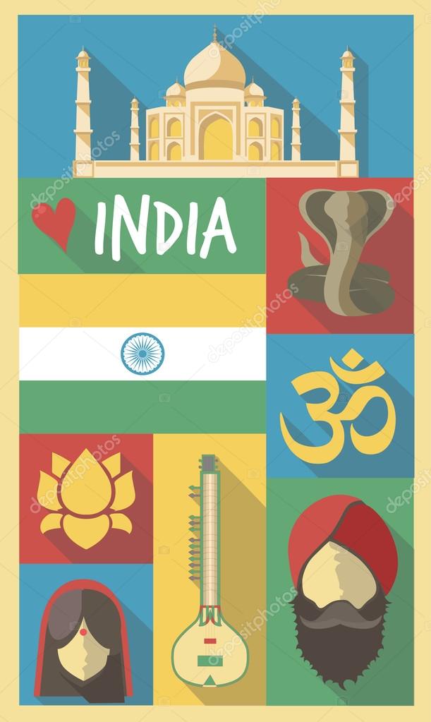 Retro Drawing of India Cultural Symbols on a Poster and Postcard Stock ...