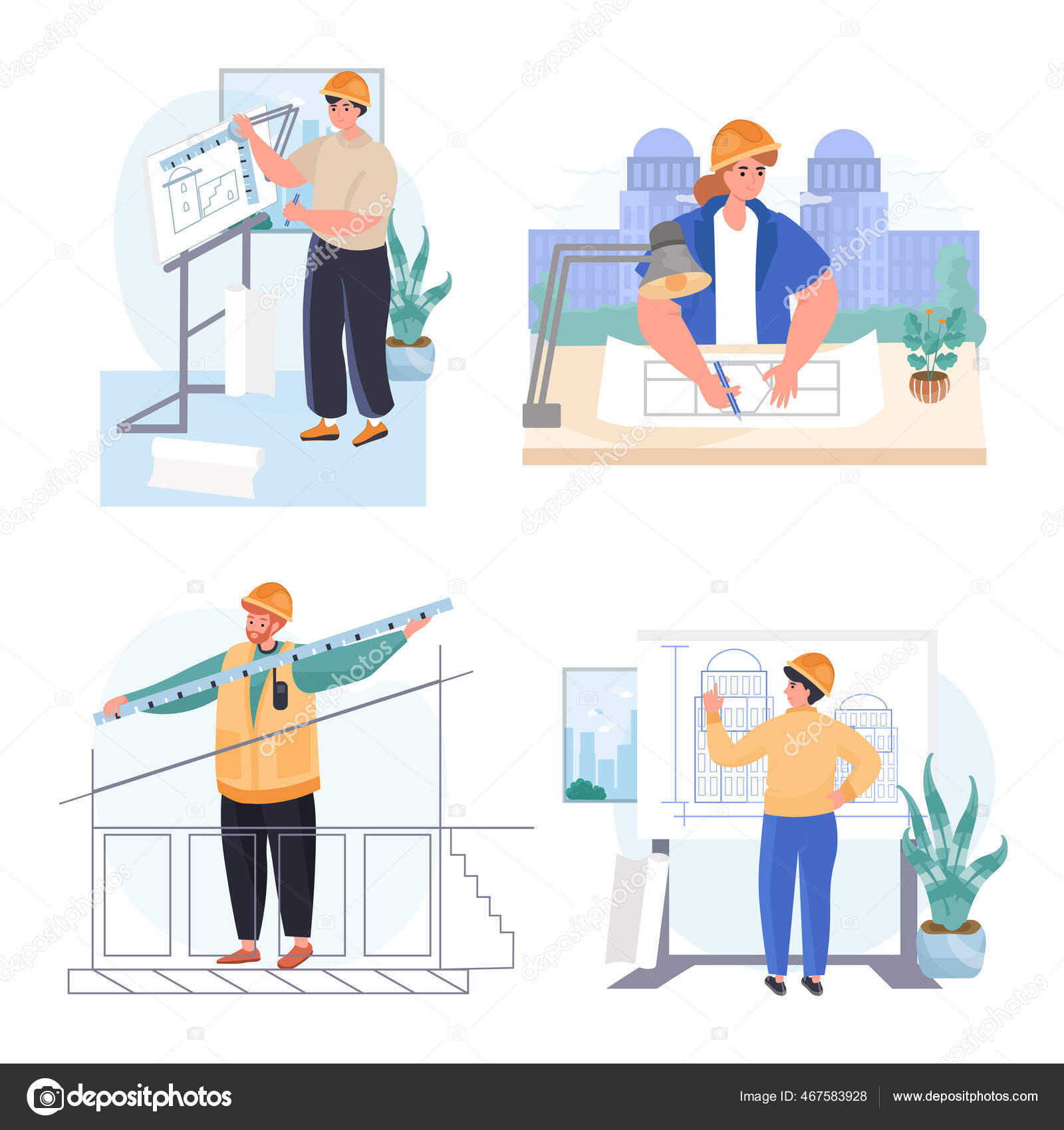 Architects profession concept scenes set. Architect draws blueprints ...