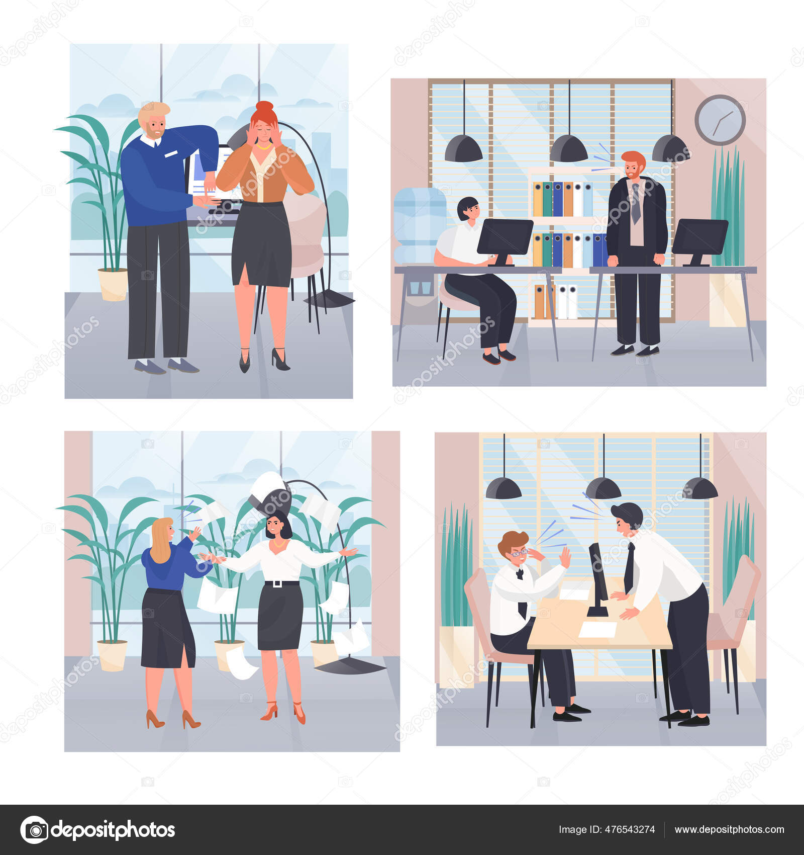 Conflict situations at work concept scenes set. Boss shouts and presses ...
