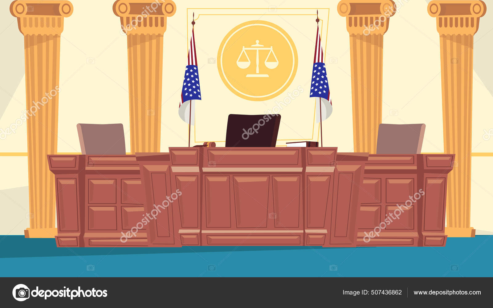 Courtroom interior concept in flat cartoon design. Judge workplace at ...