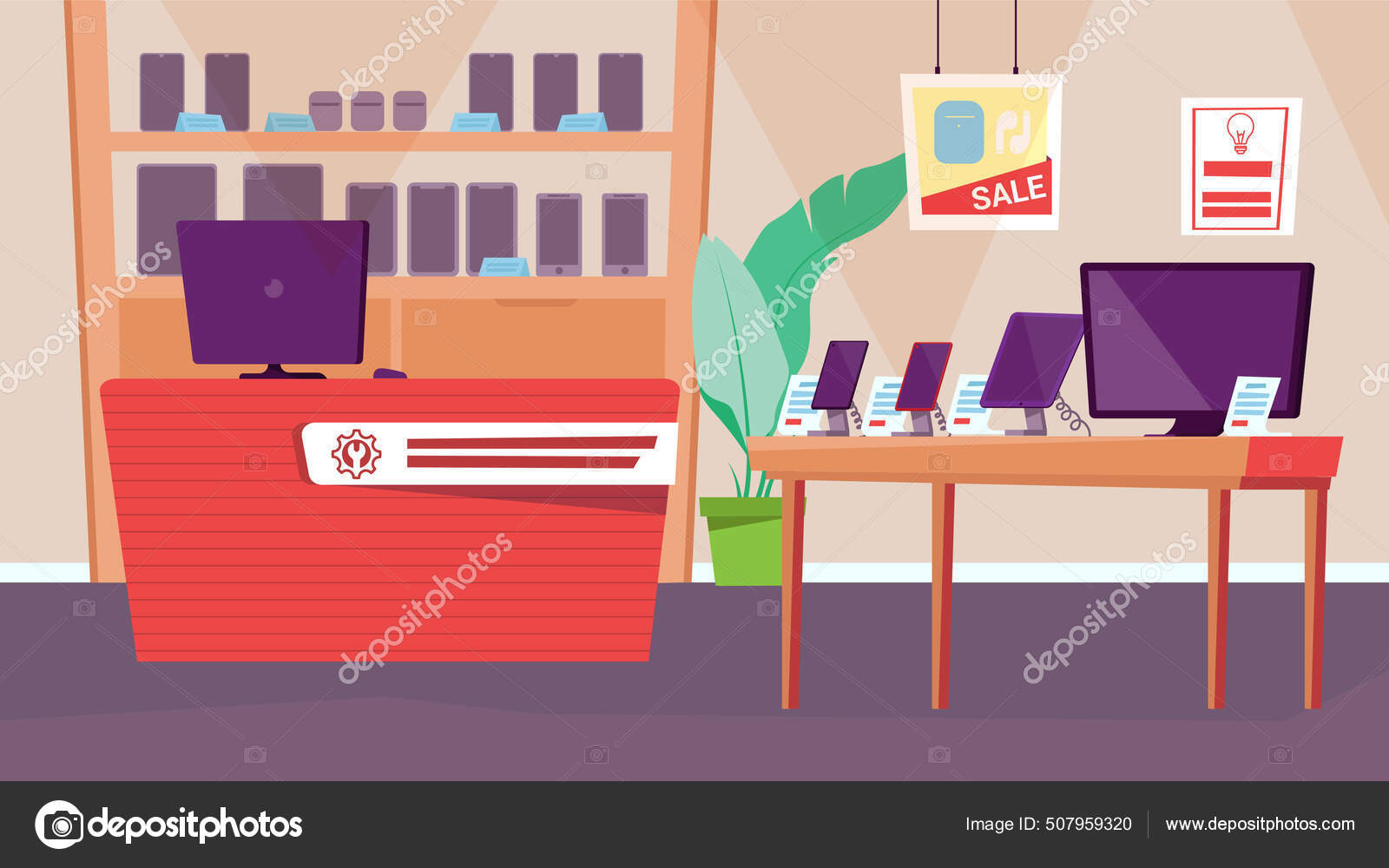 Electronics Store Interior Concept Flat Cartoon Design Shop Assortment ...