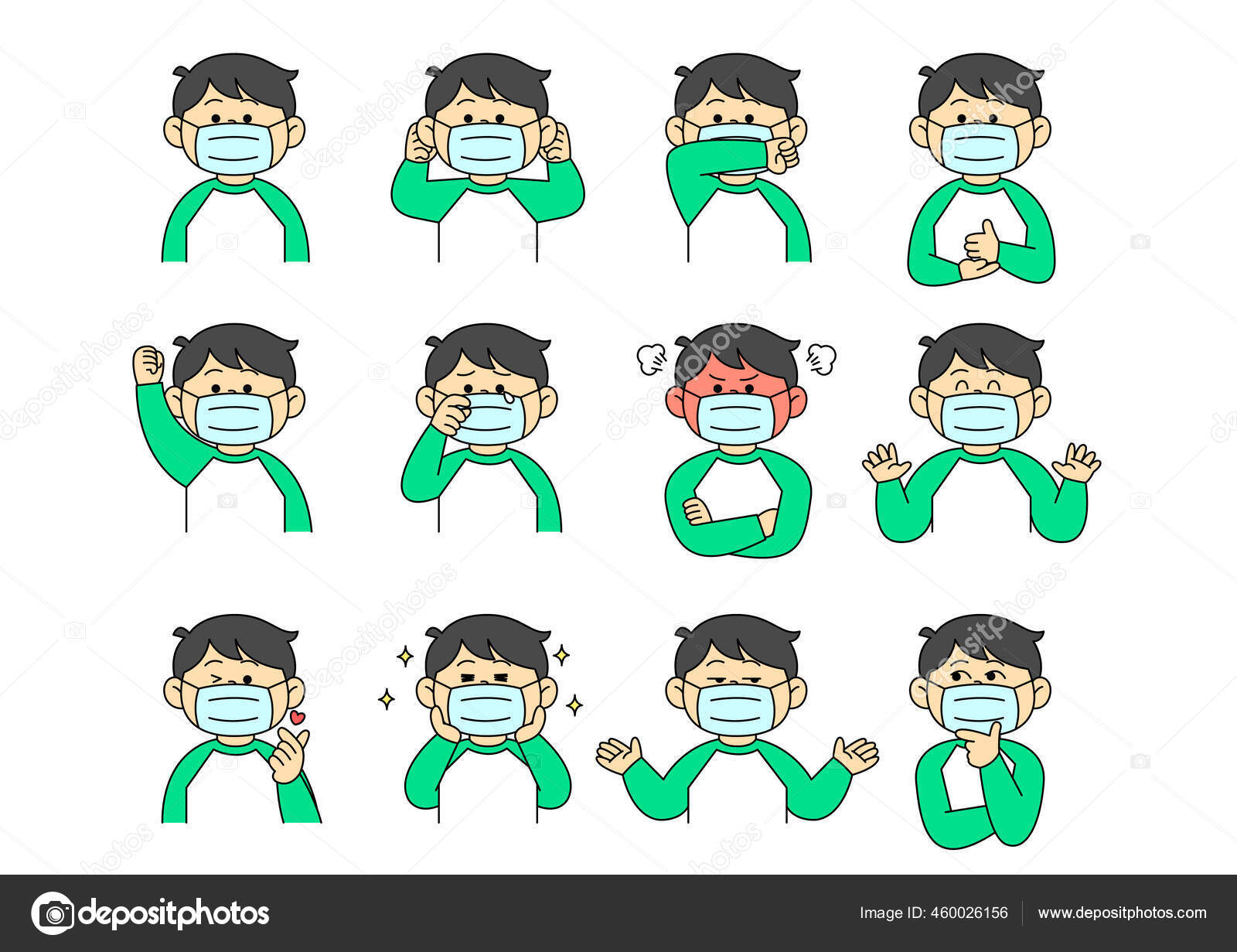 Asian Boy Character Various Facial Expressions Mask Stock Vector by ...