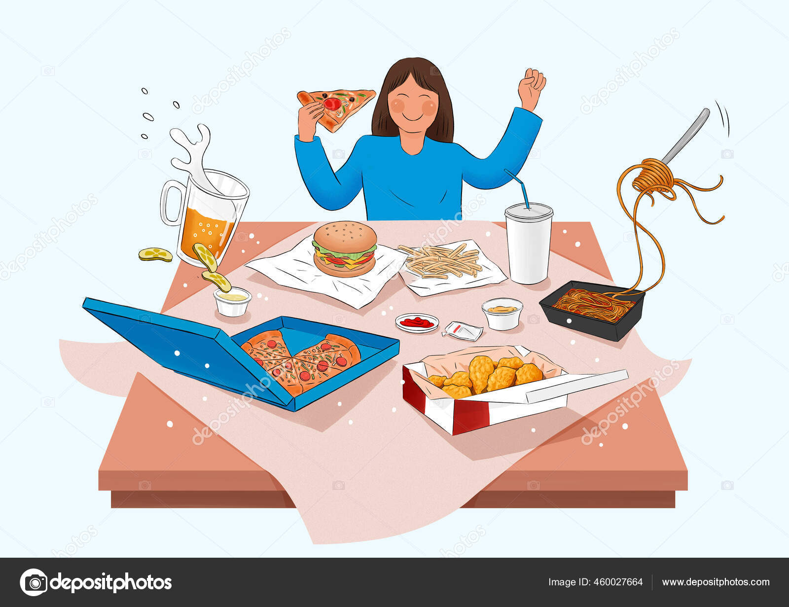 Overeating Concept Enjoy Lot Food Table Illustration Stock Vector by ...