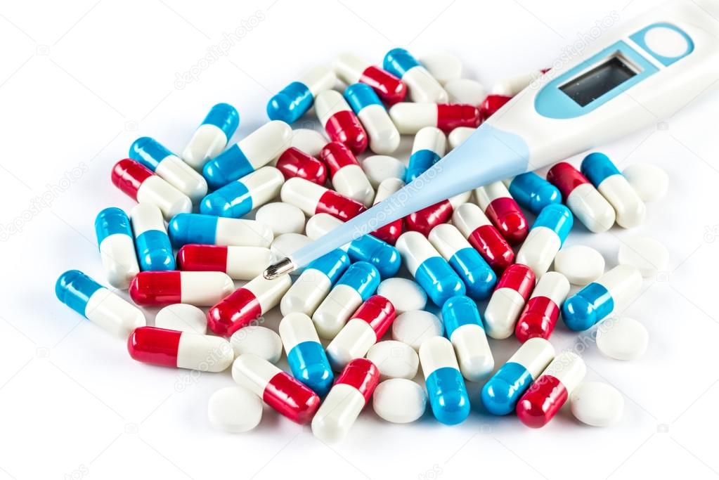 Thermometer with pills and Capsule, Fever headache flu — Stock Photo ...