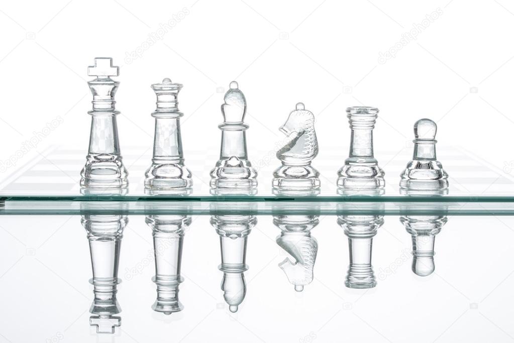 Group transparent glass Chess, Reflection Studio Shot War — Stock Photo ...