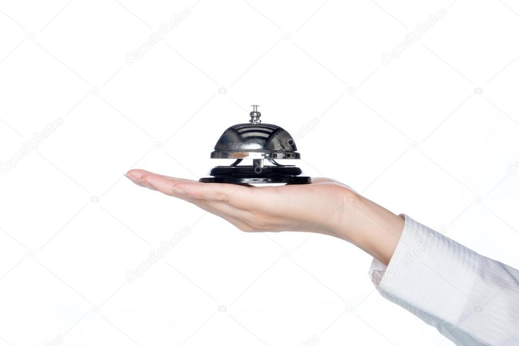 Woman hand holding Service bell , receptionist — Stock Photo ...