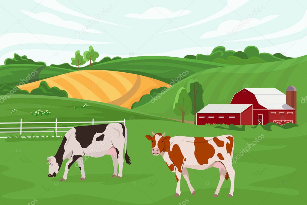 Ilustración vectorial de una granja de vacas y agricultura. Ganadería ...