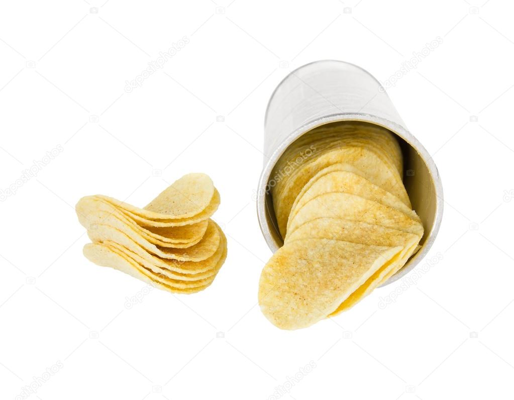 Slice potato chips in a can on white background Stock Photo by ...