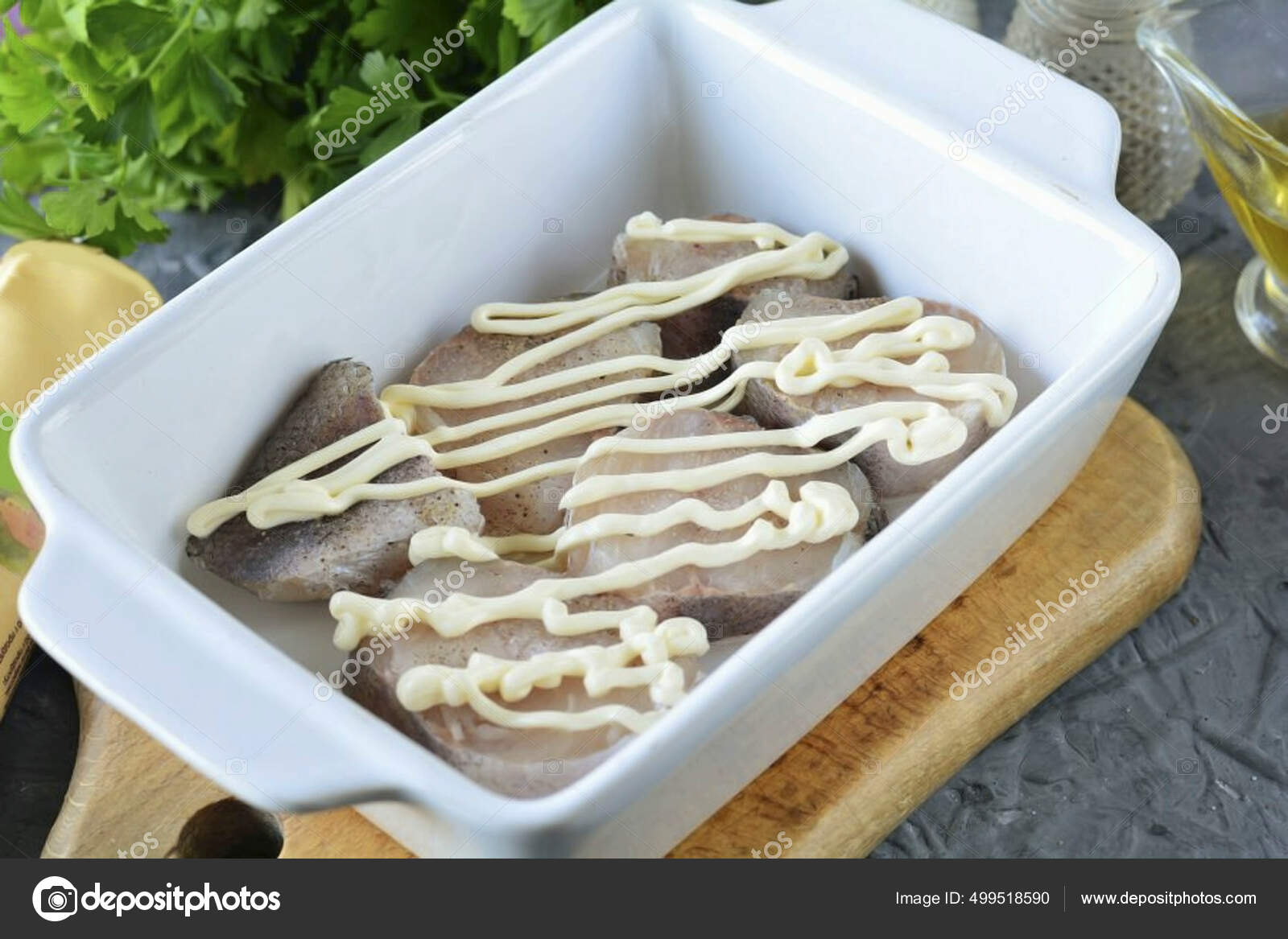 Pour Thin Layer Mayonnaise Fish — Stock Photo © PavSub #499518590
