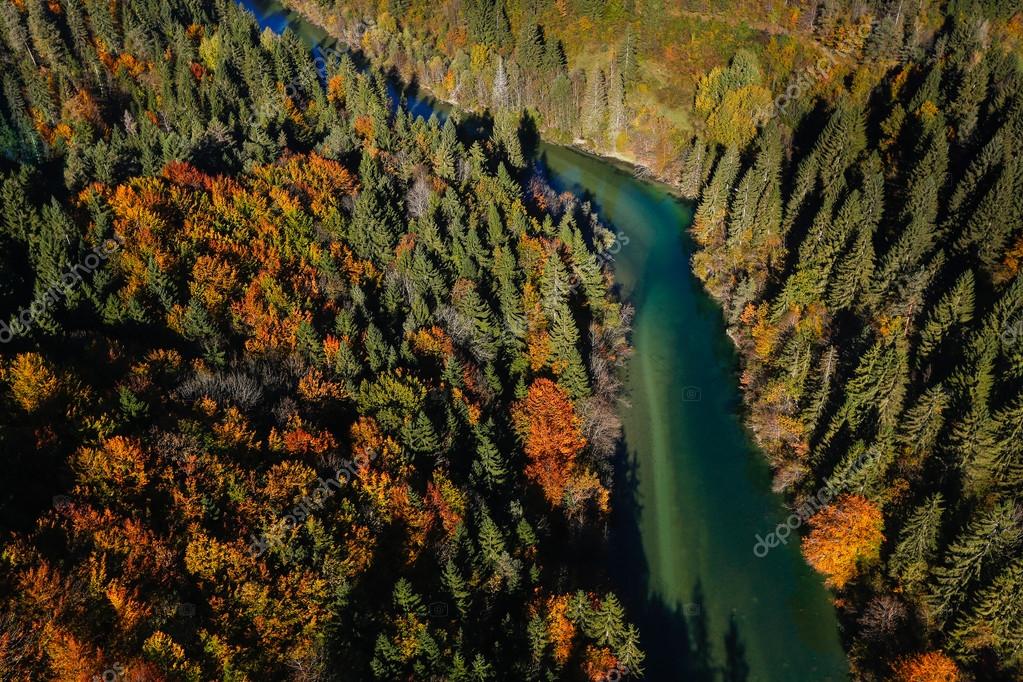 Pristine alpine river meandering through forested landscape Stock Photo ...