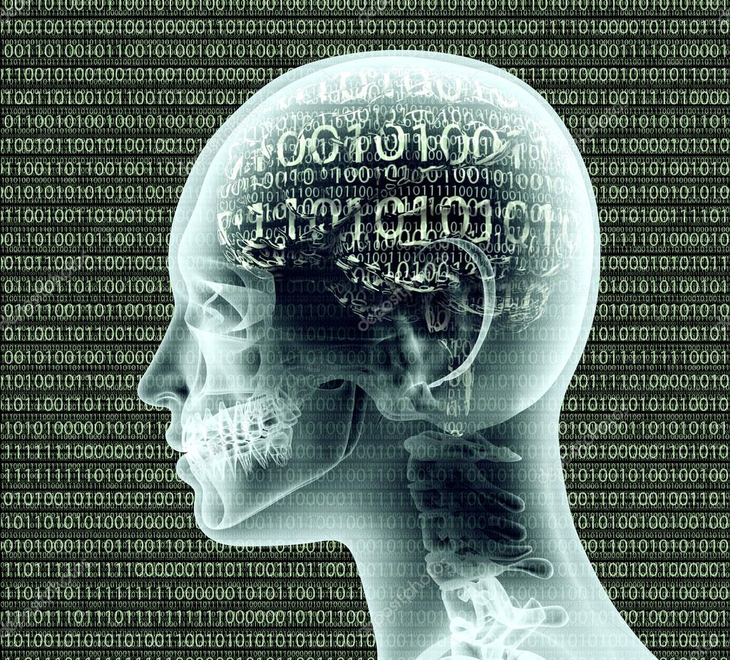 Xray image of human head with binairy code for a brain — Stock Photo ...