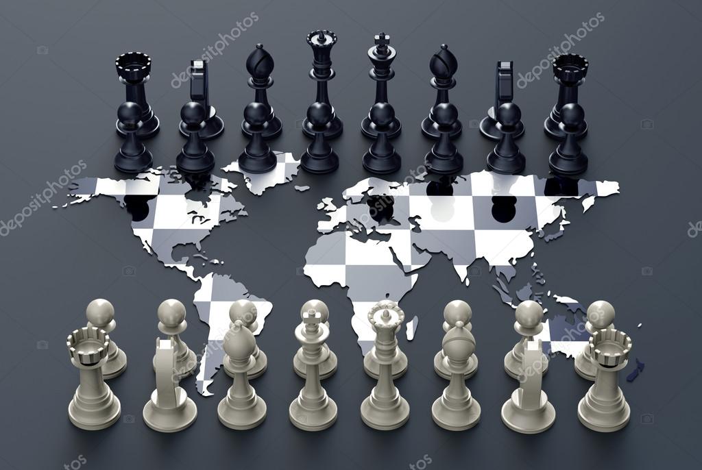 Chess board out of the world map with chess play — Stock Photo © the ...