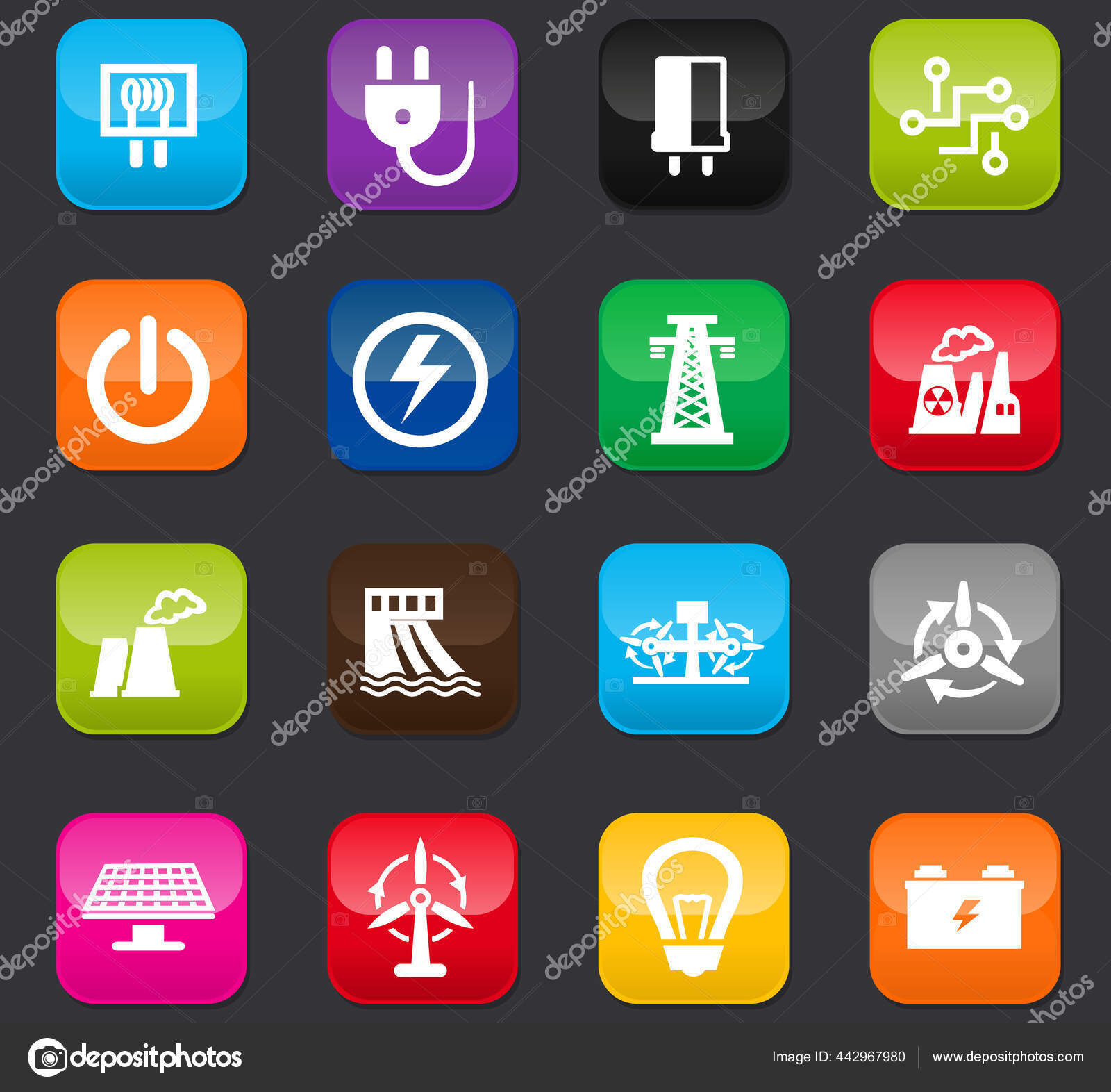 Electricity Vector Icons User Interface Design Colored Buttons Dark ...