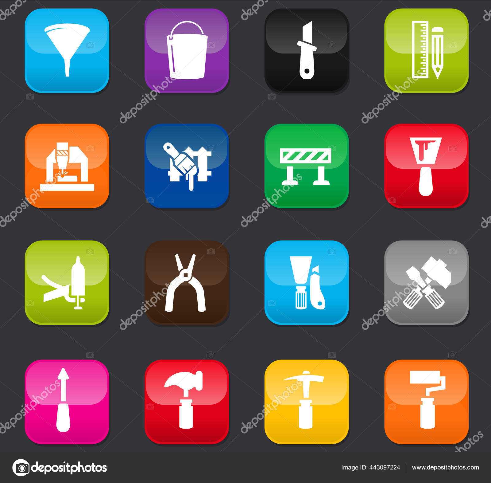 Work Tools Vector Icons User Interface Design Colored Buttons Dark ...