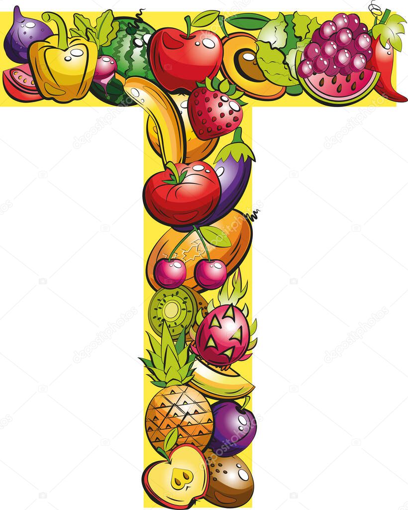 letra T. Cartas de frutas. Collage de frutas y verduras de colores en ...