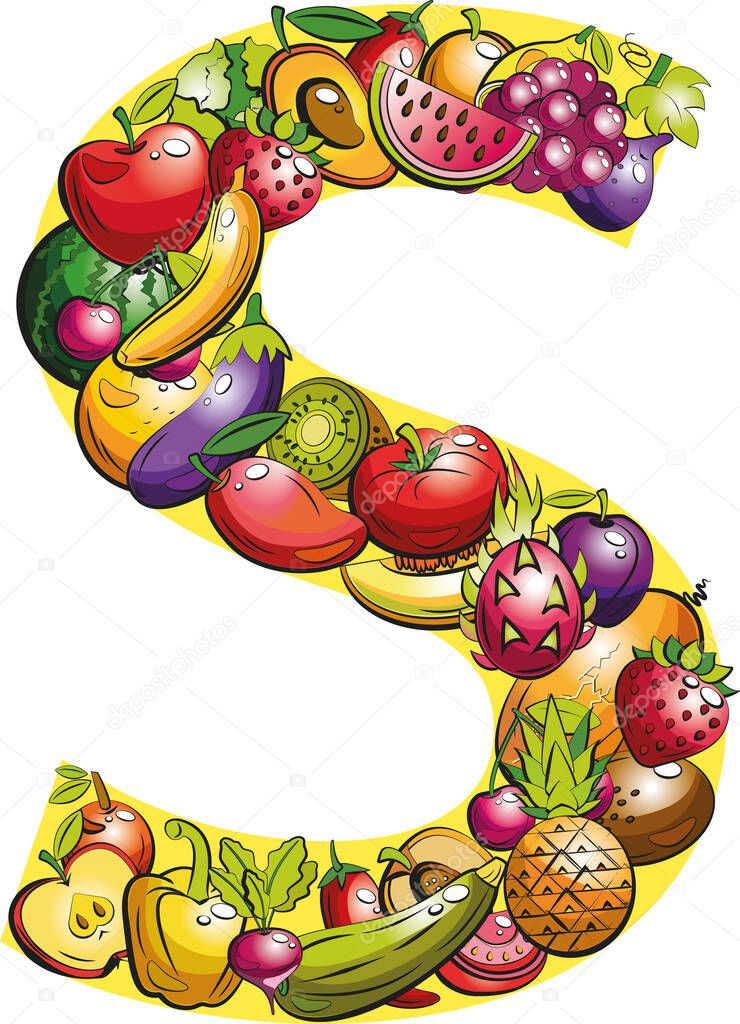letra S. Cartas de frutas. Collage de frutas y verduras de colores en ...