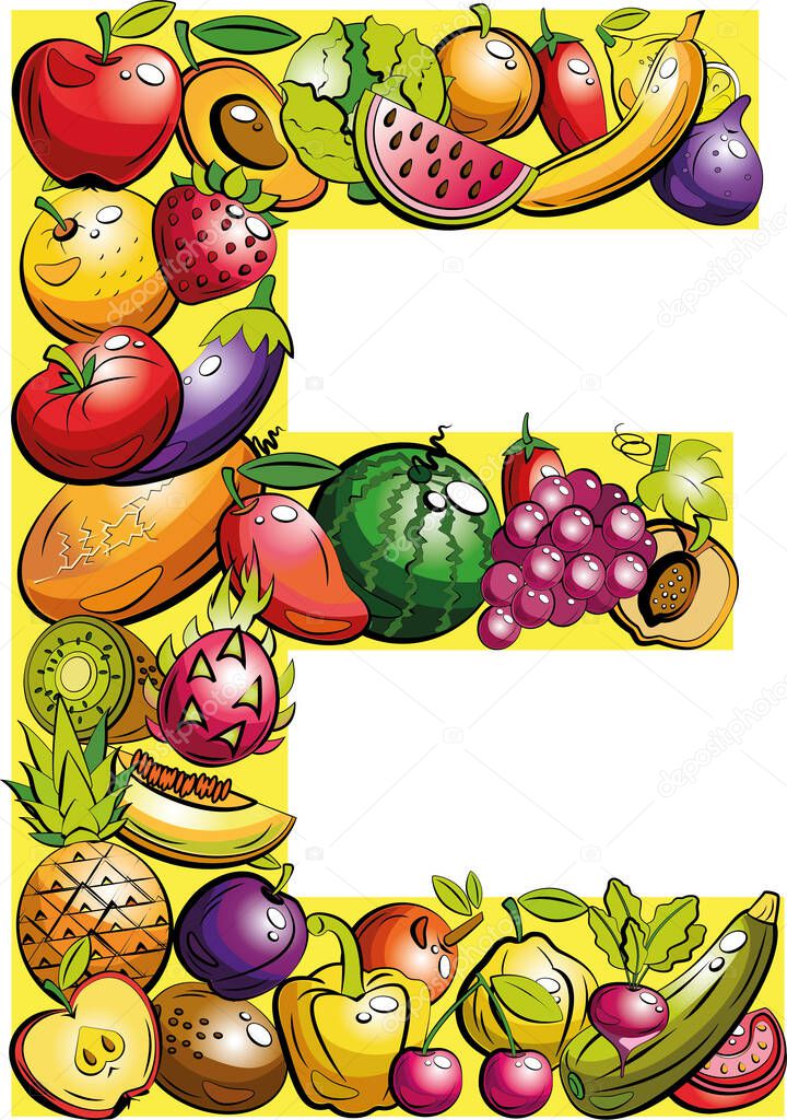 letra E. Cartas de frutas. Collage de frutas y verduras de colores en ...
